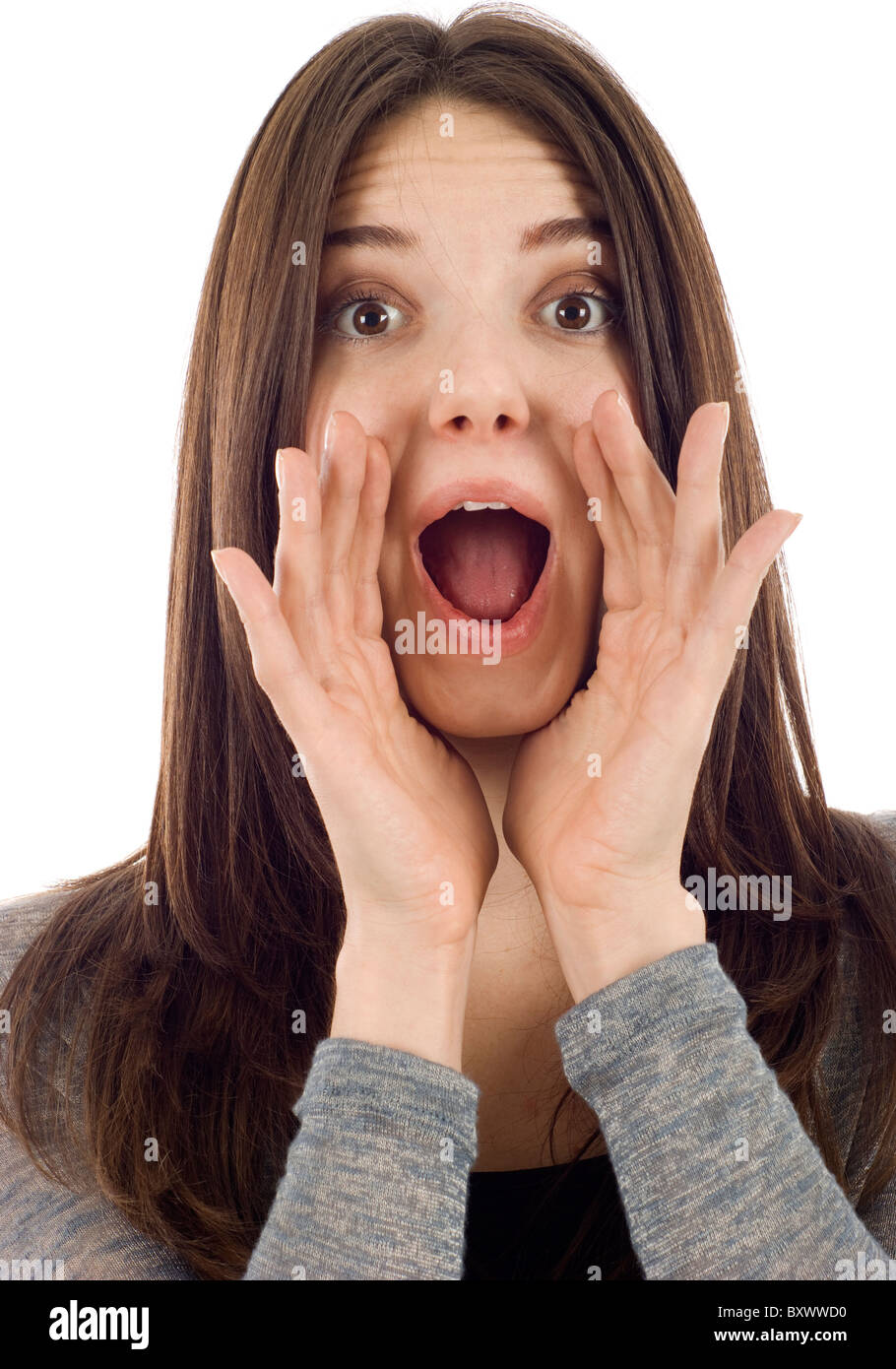 Closeup of a woman screaming isolated over white Stock Photo - Alamy