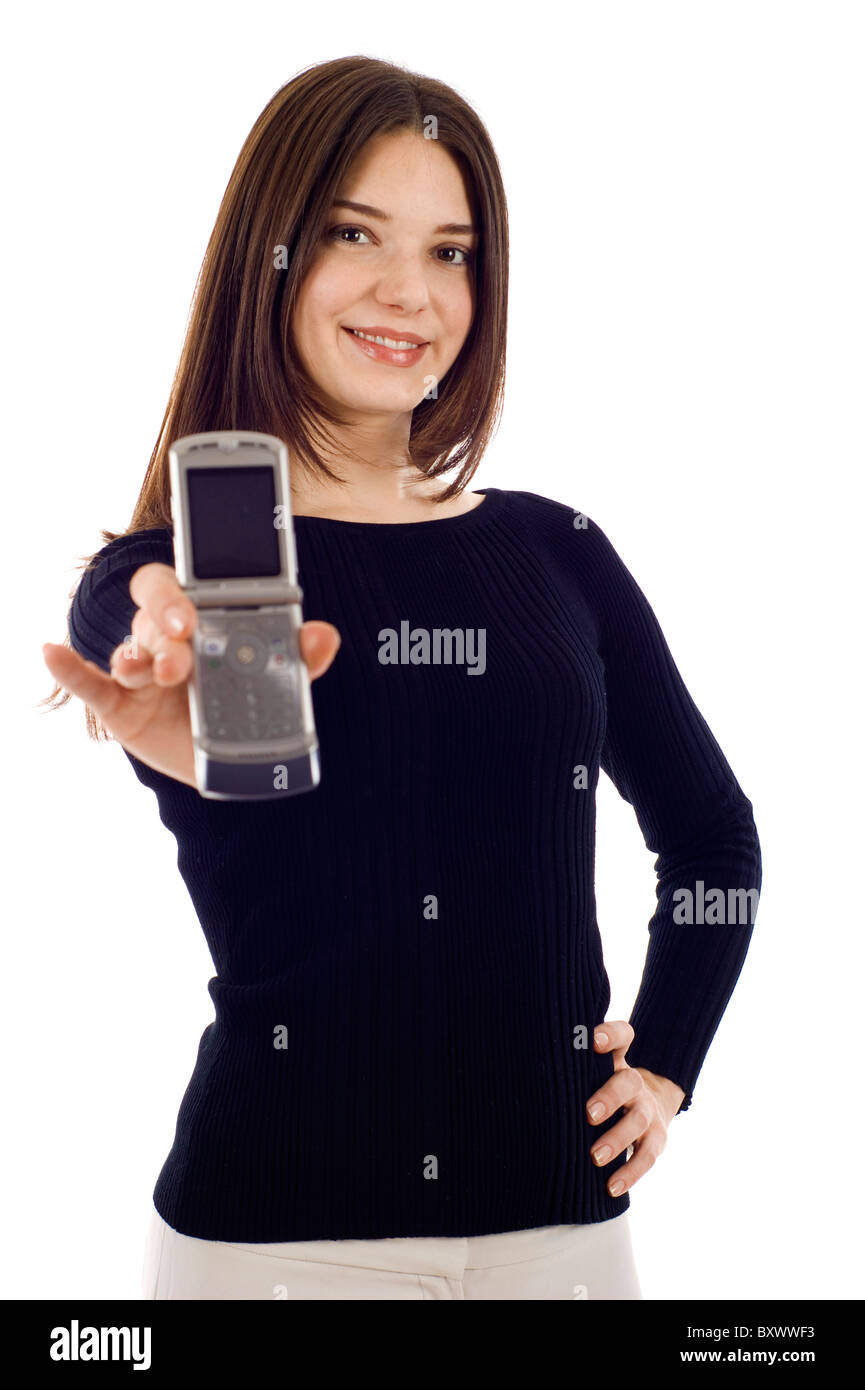 Friendly confident man holding a mobile phone, isolated over a white background Stock Photo - Alamy