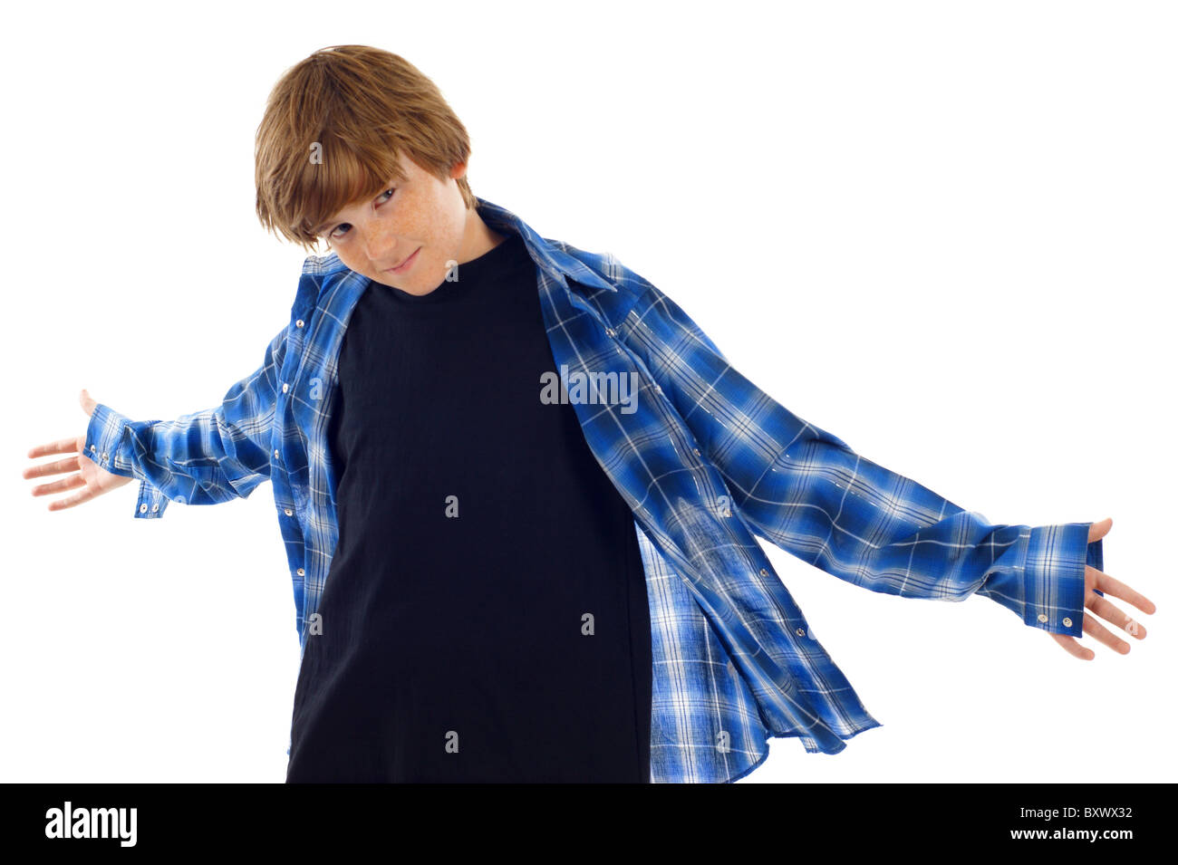 Confident young boy with open arms isolated over white background Stock ...