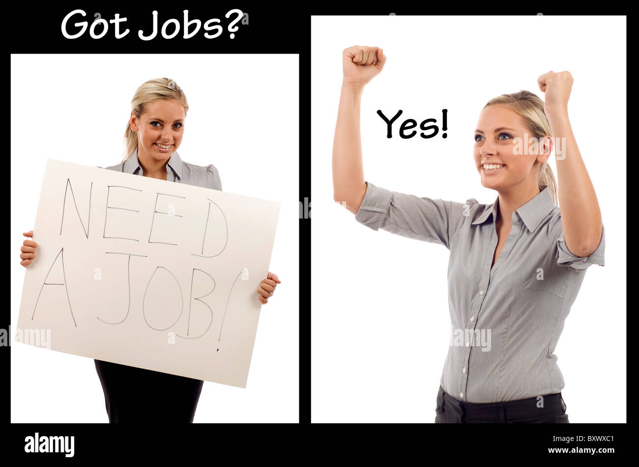 Businesswoman looking for a job, and successfully finding her dream job ...