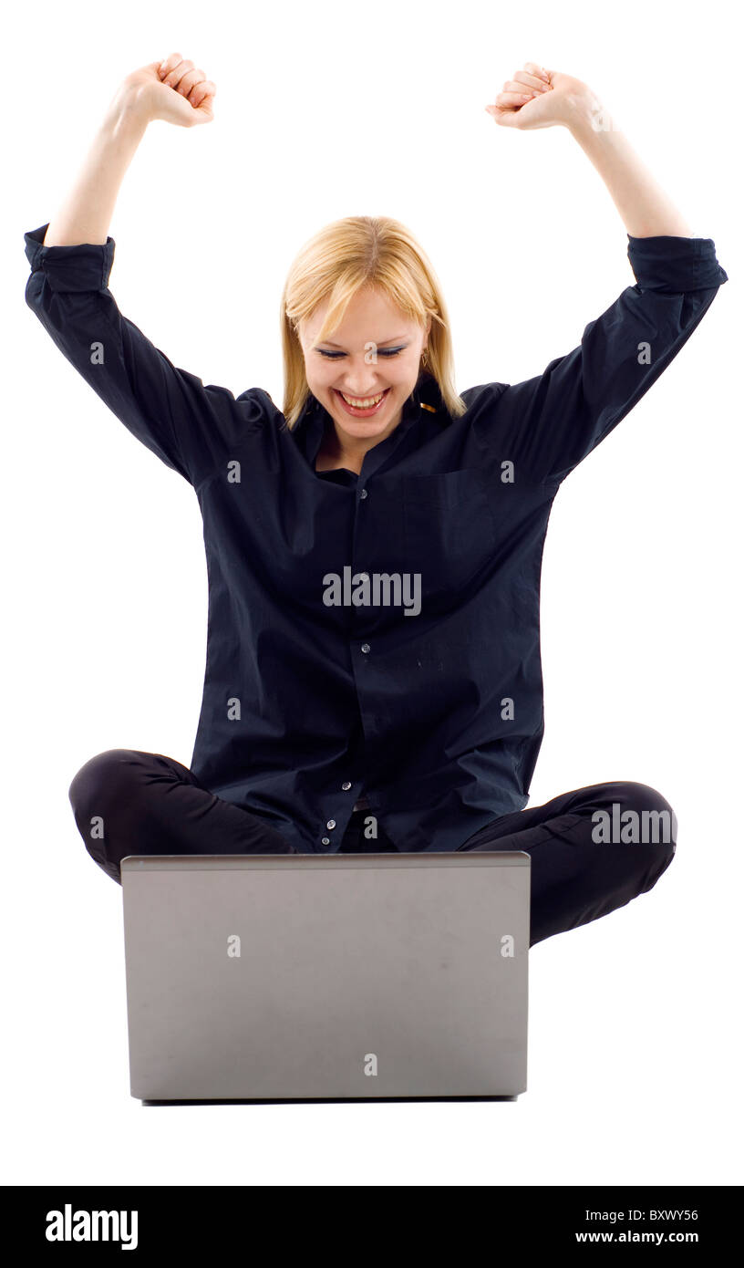 Portrait of happy,excited woman with laptop Stock Photo - Alamy