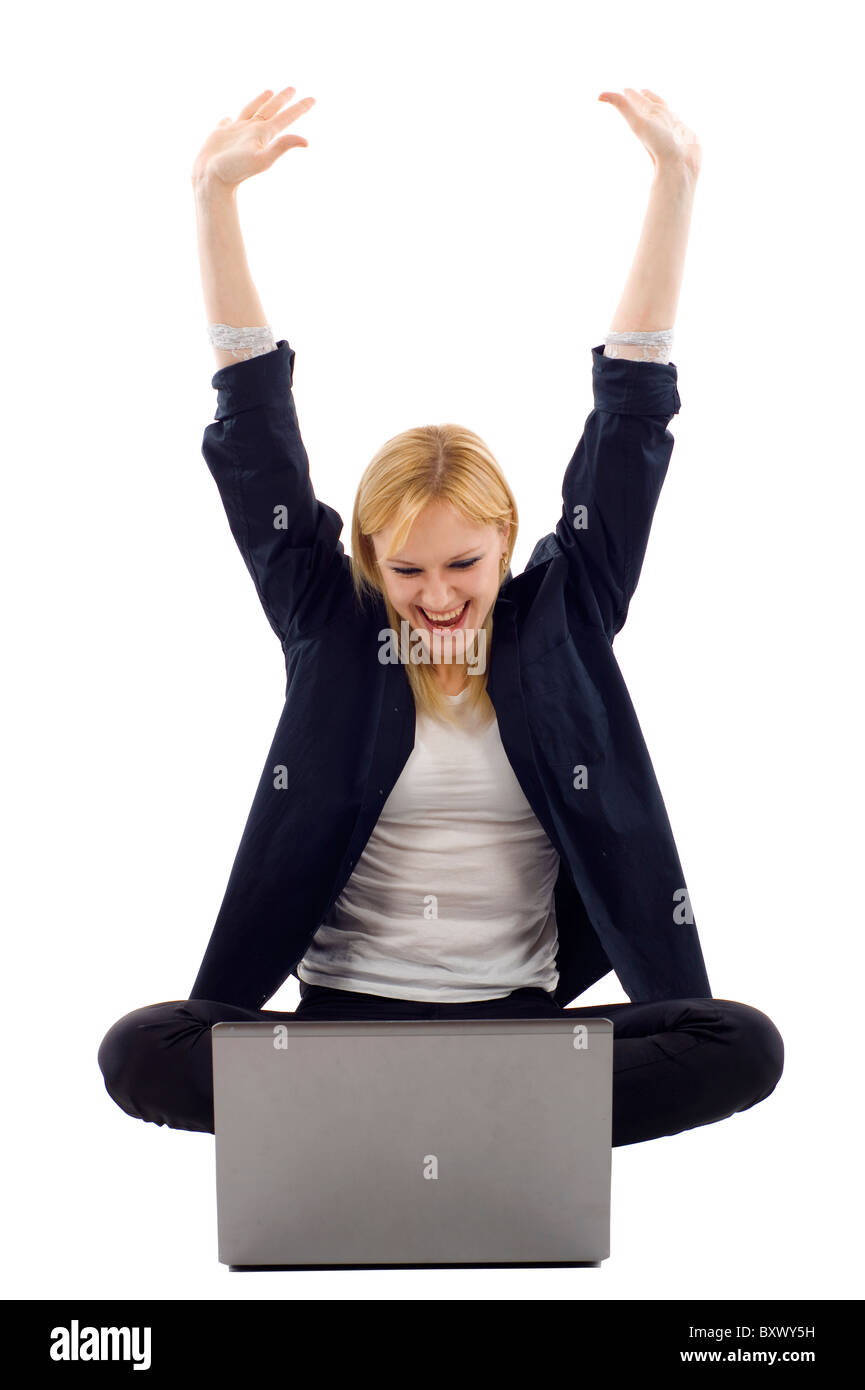 Portrait of happy,excited woman with laptop Stock Photo - Alamy