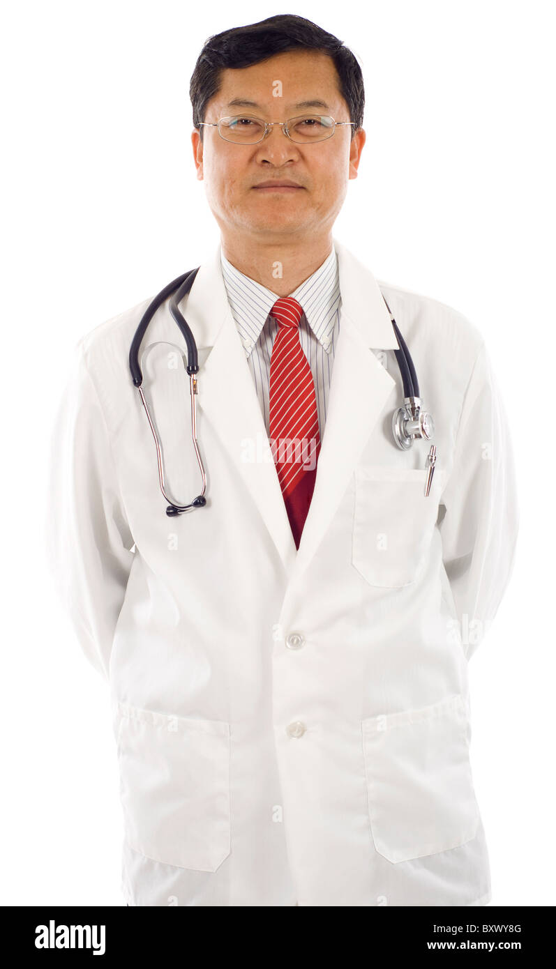 Confident Asian American medical doctor with stethoscope isolated over ...