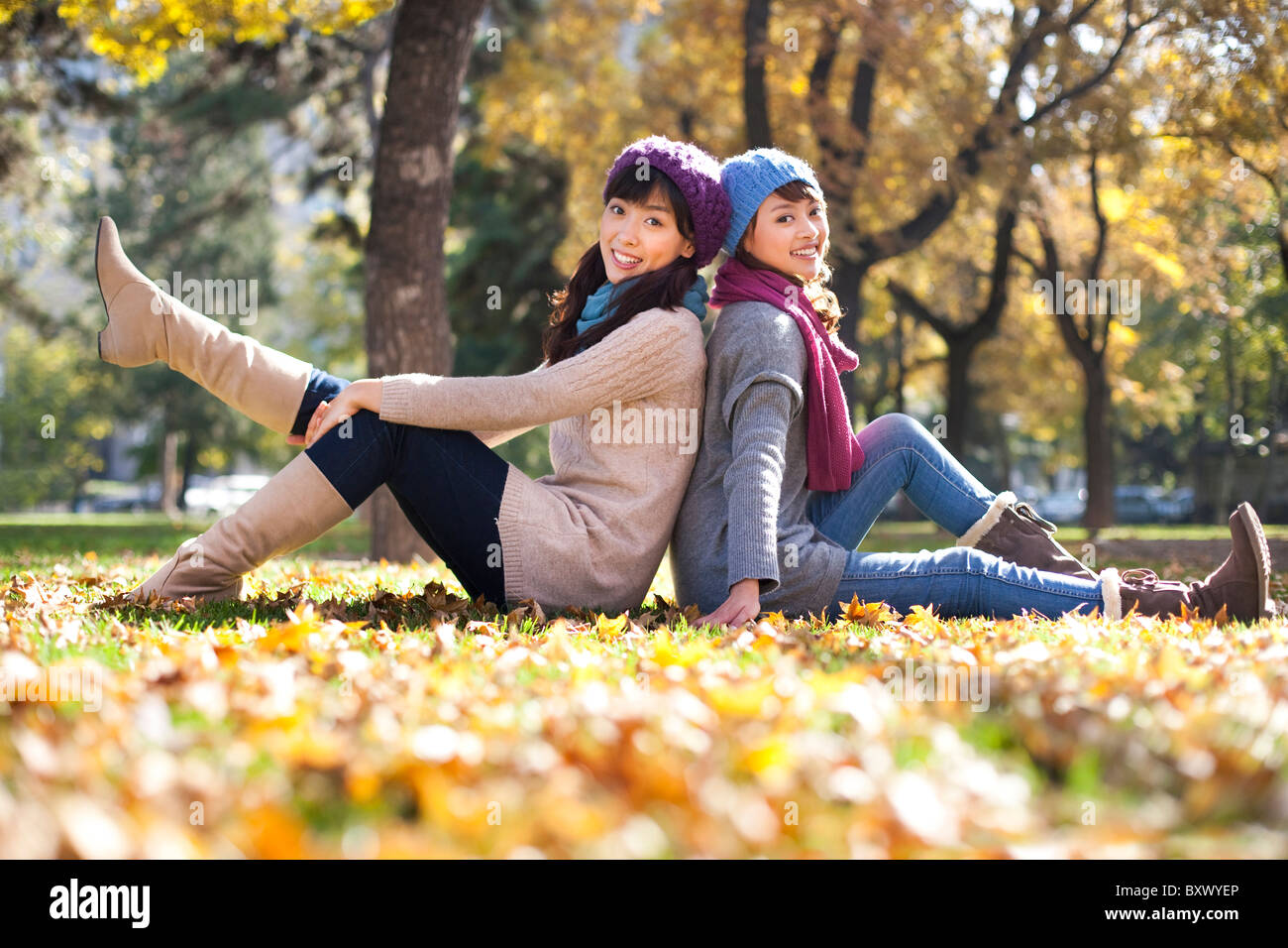 Friends Sitting Back To Back in a Park Stock Photo - Alamy