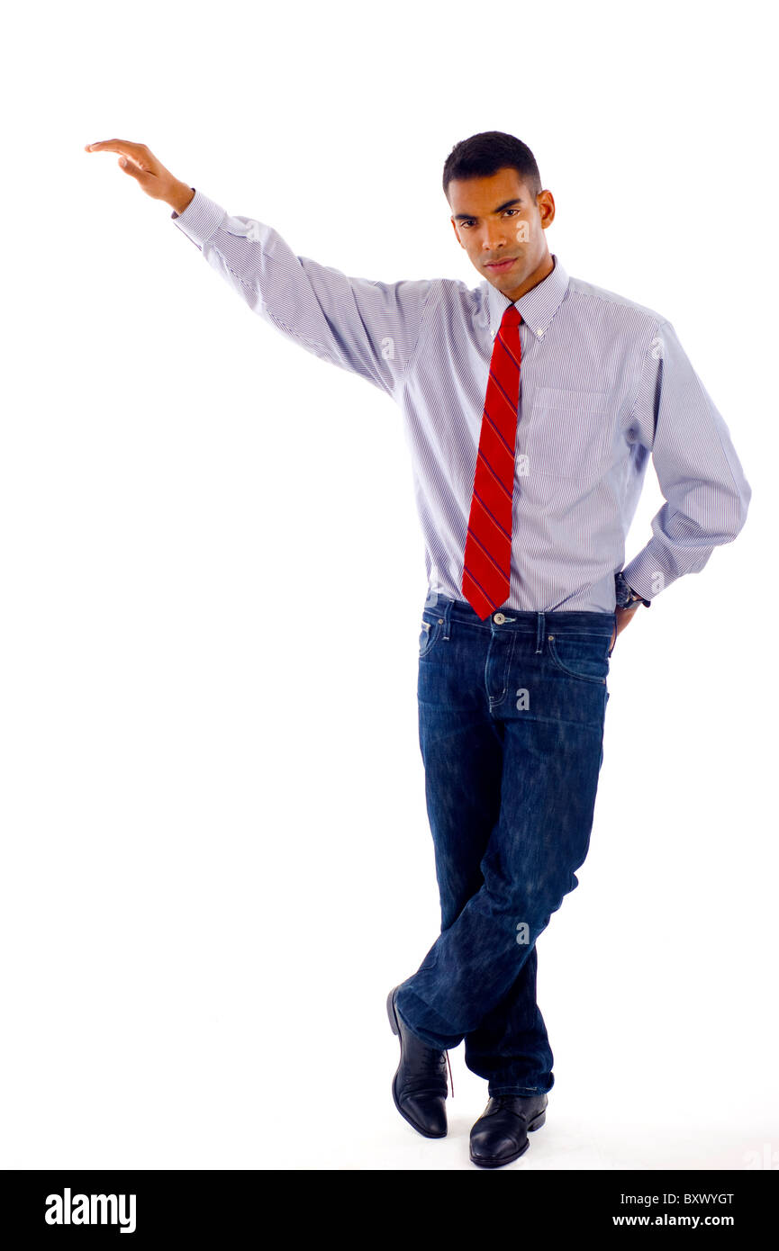 Business man with hand on something imaginary - isolated over a white ...