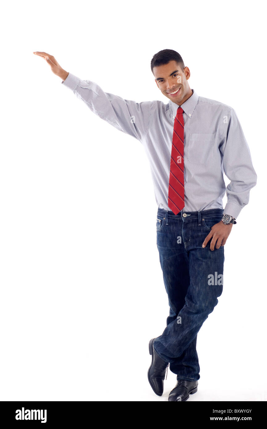 Business man with hand on something imaginary - isolated over a white ...