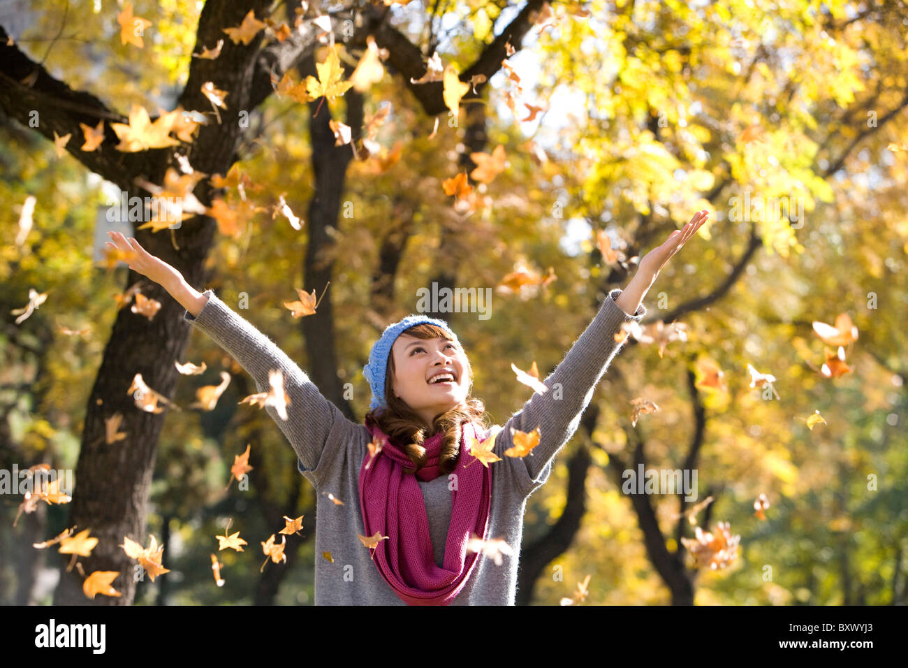 Young Woman Enjoying Falling Autumn Leaves Stock Photo - Alamy