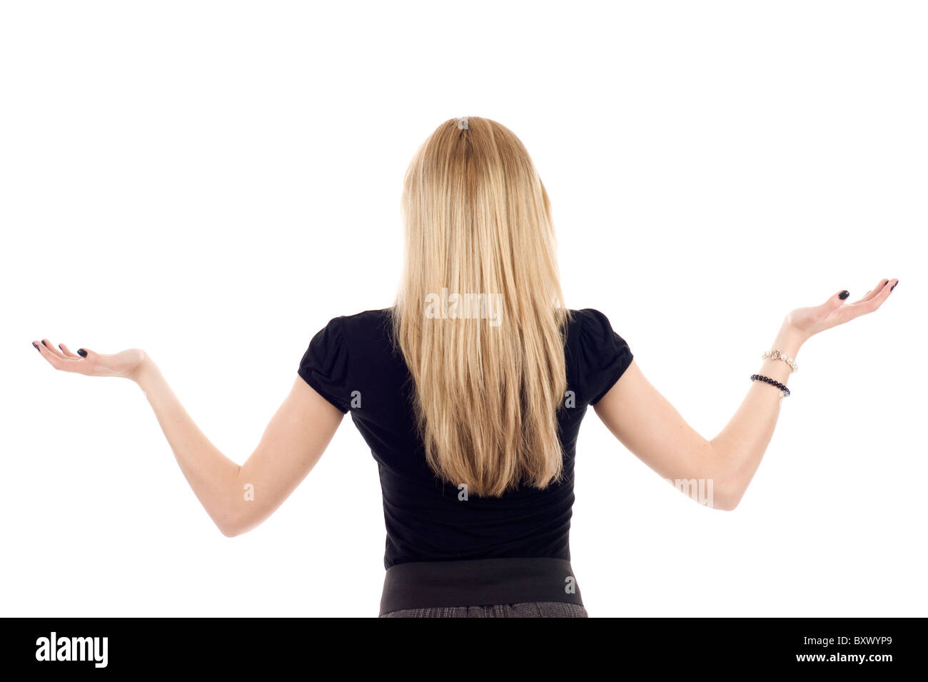 Woman from the back, her hands up isolated on white Stock Photo - Alamy