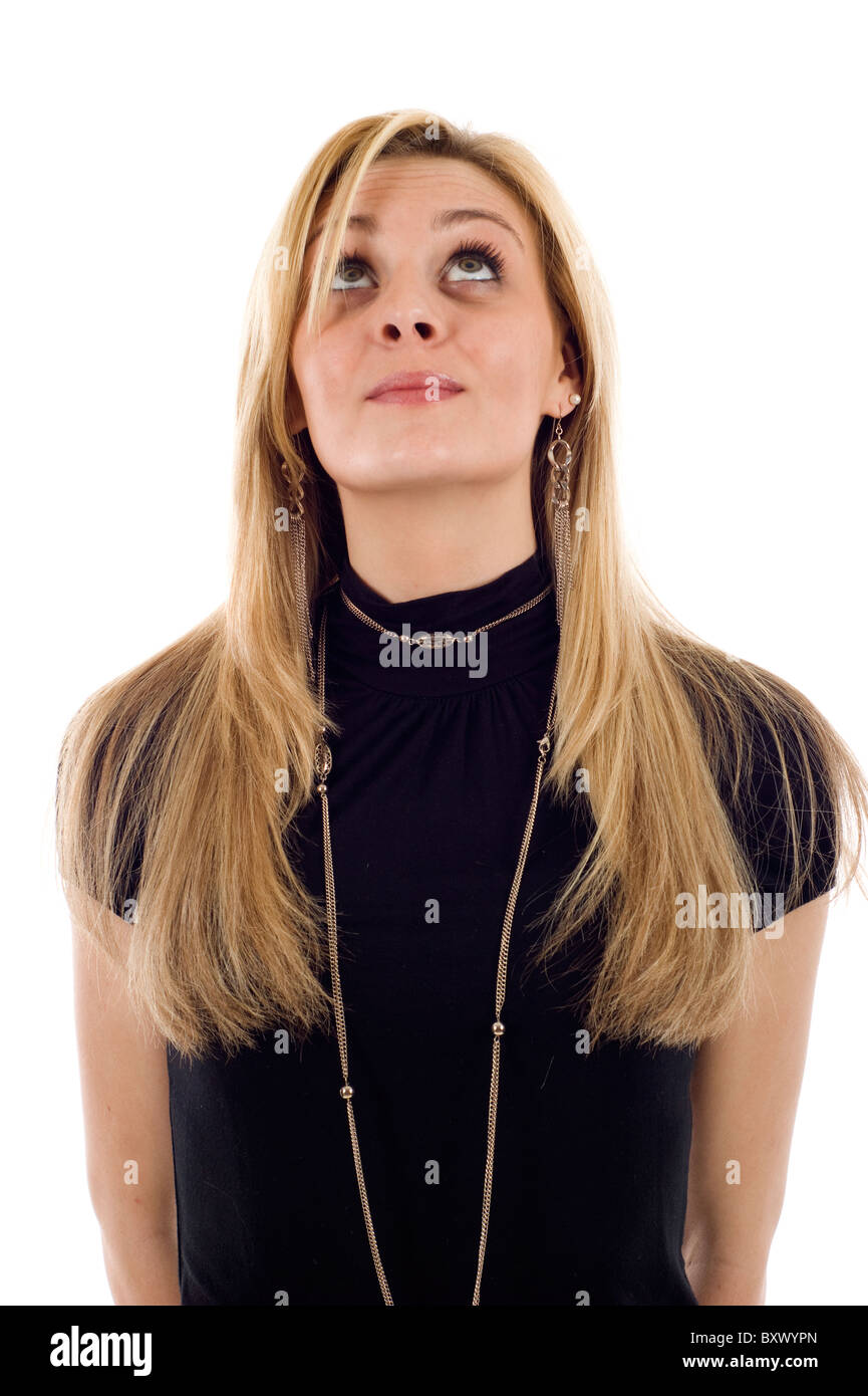 Young business woman looking up above. Isolated over a white background ...