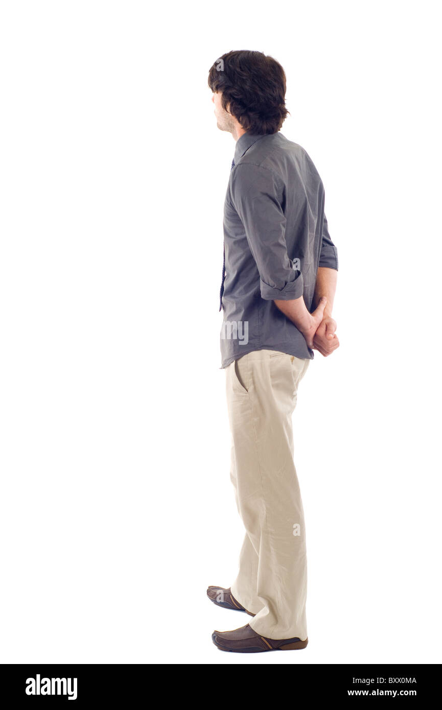 business man from the back - looking at something over a white ...