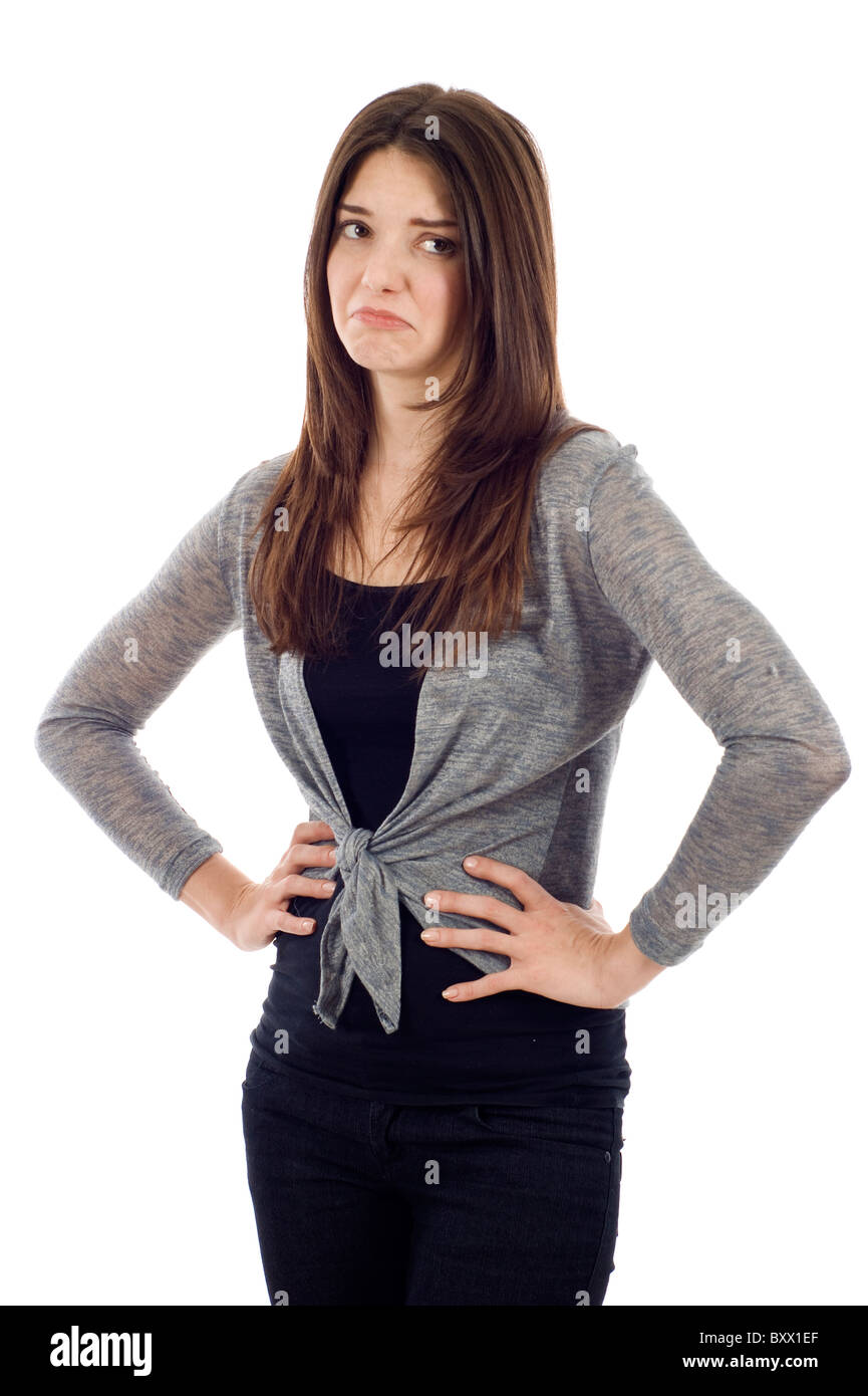 Sad woman looking down isolated on white background Stock Photo - Alamy