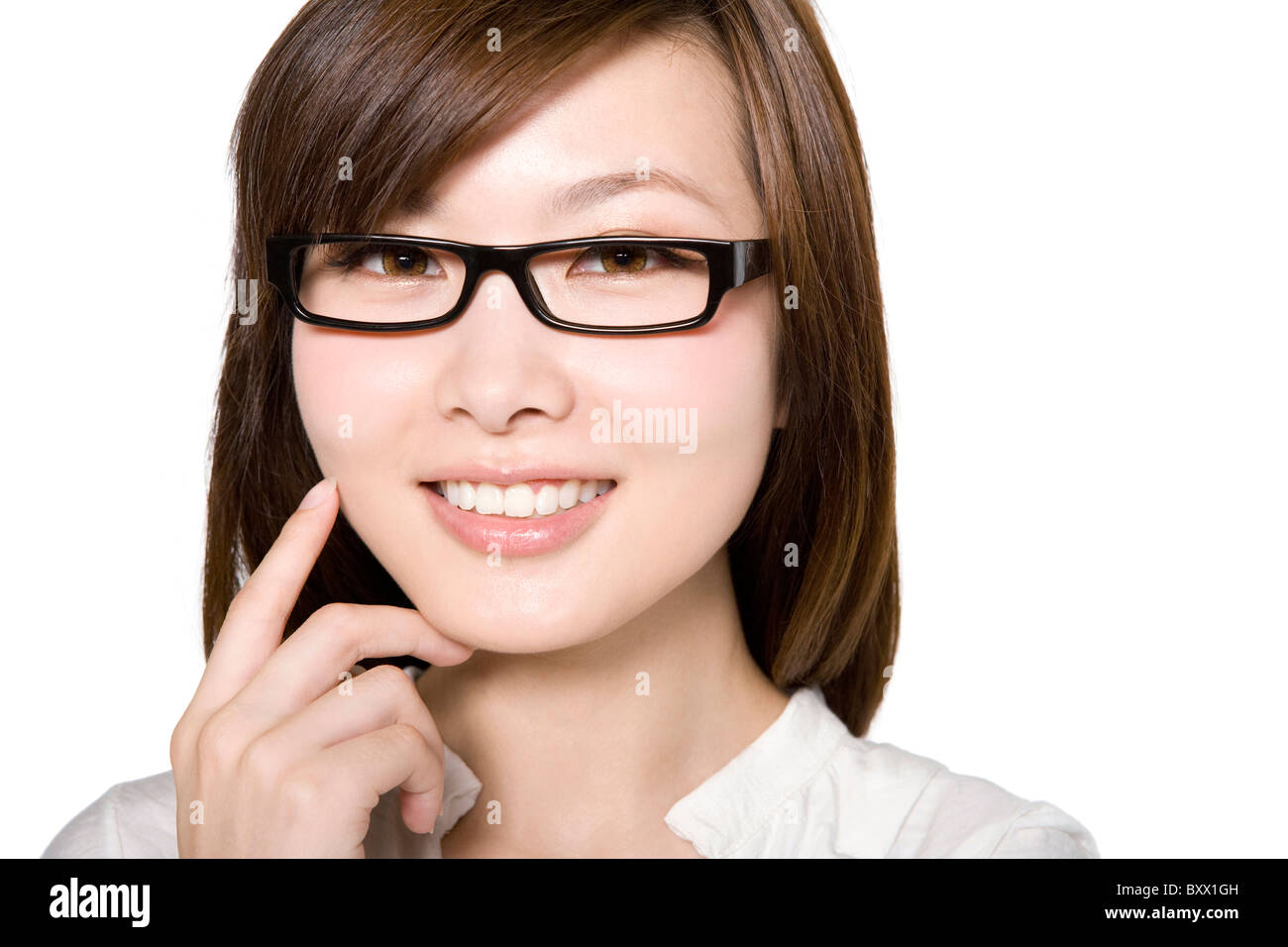 Woman hand on chin glasses hi-res stock photography and images - Alamy
