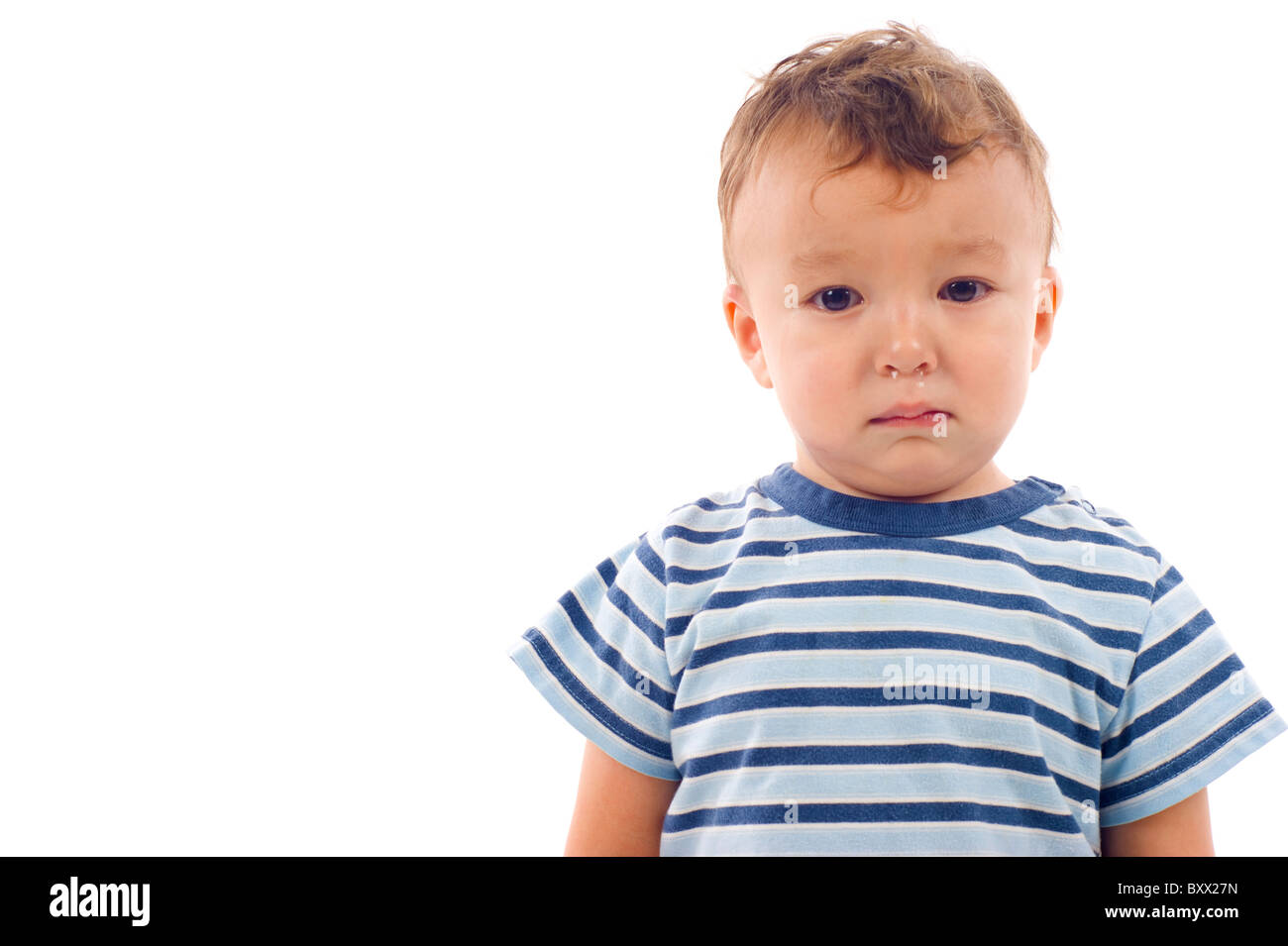 Portrait of Sad Baby Boy, a lot of Copyspace -Isolated over a white ...