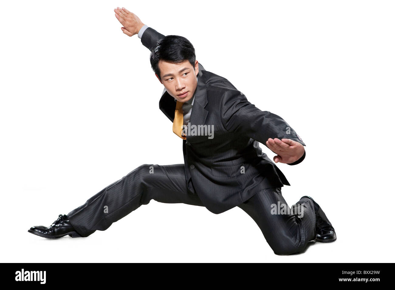 Businessman in martial arts crouching stance Stock Photo - Alamy