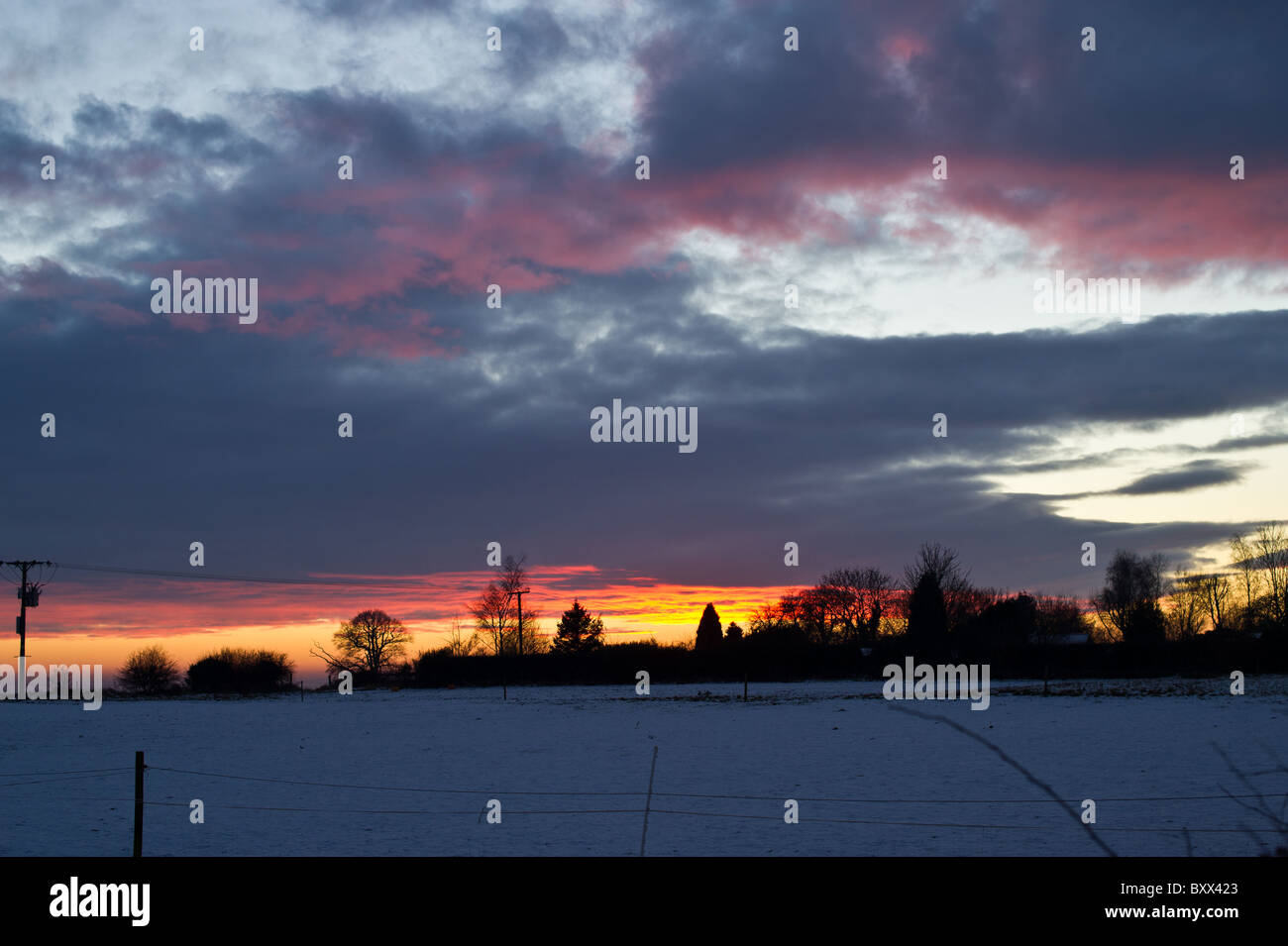 Snowy Winter Sunset from Kimberley in Nottingham Shire looking out over ...