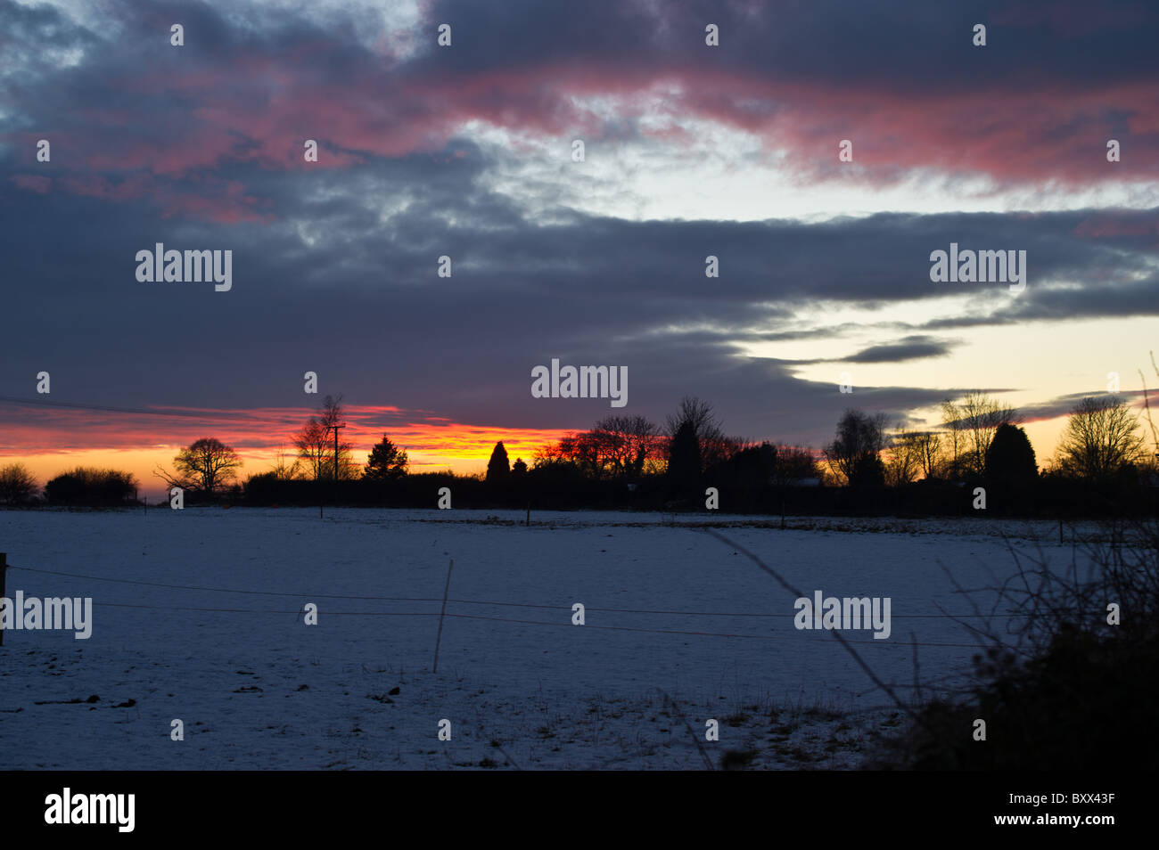 Snowy Winter Sunset from Kimberley in Nottingham Shire looking out over ...
