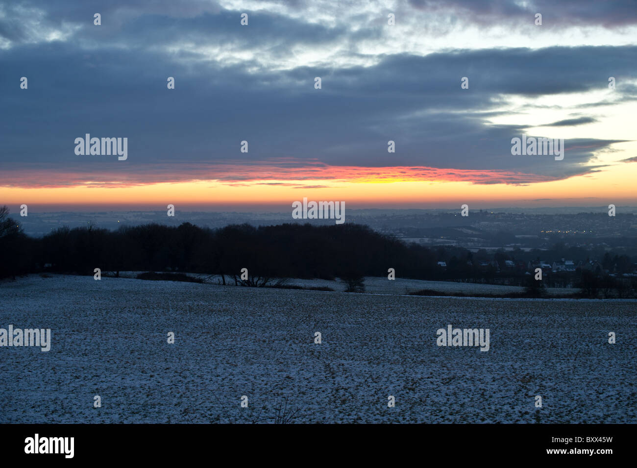 Snowy Winter Sunset from Kimberley in Nottingham Shire looking out over ...