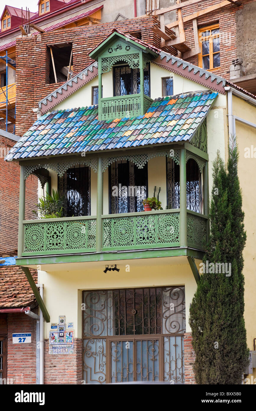Carved wooden balconied house in Tbilisi old town, Kala, Georgia ...