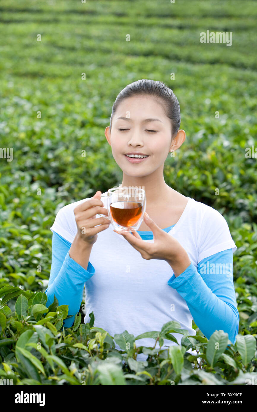 Young Woman Drinking Tea in a Tea Field Stock Photo - Alamy