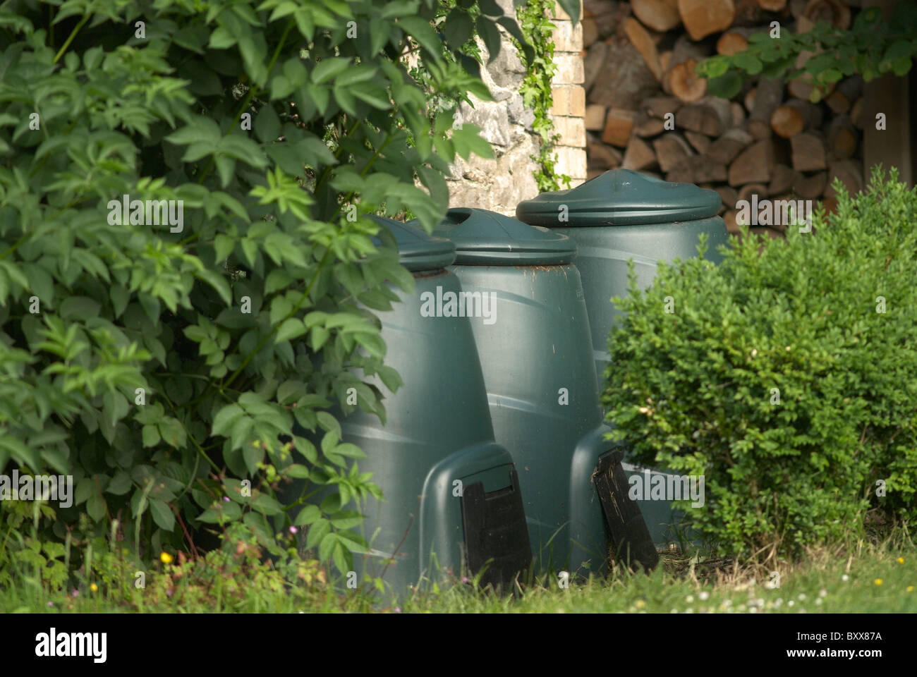 compost bins against wall on Devon farm house Stock Photo - Alamy