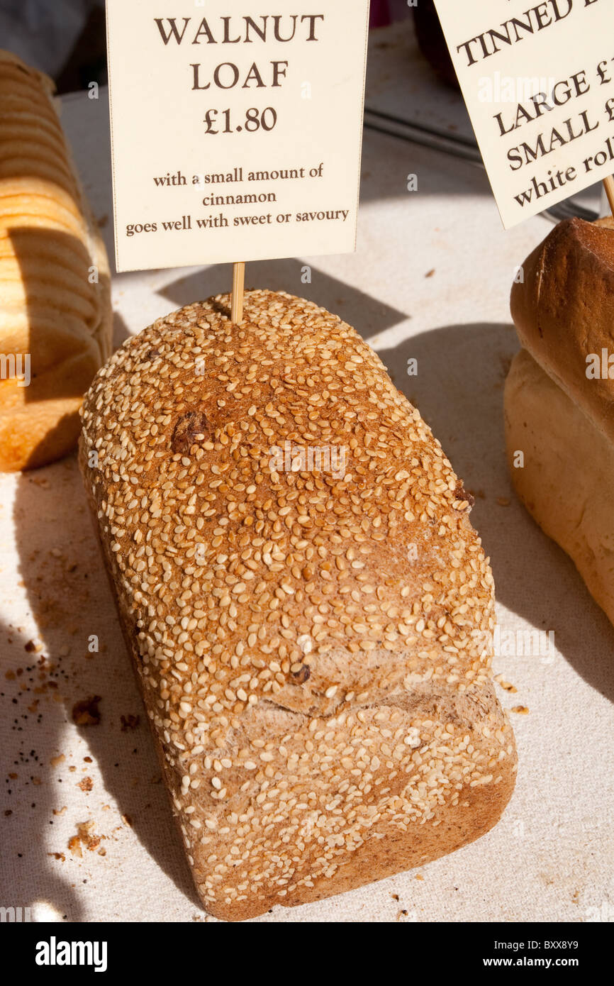 walnut loaf for sale on market stall Southampton uk Stock Photo - Alamy
