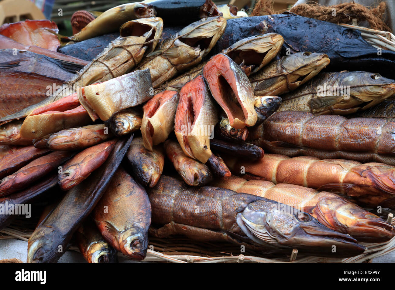 smoked fish on rural market Stock Photo - Alamy