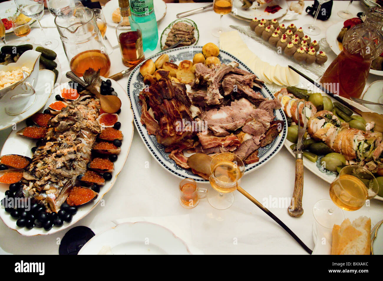 Georgian feast of many dinner dishes including caviar in Tbilisi ...