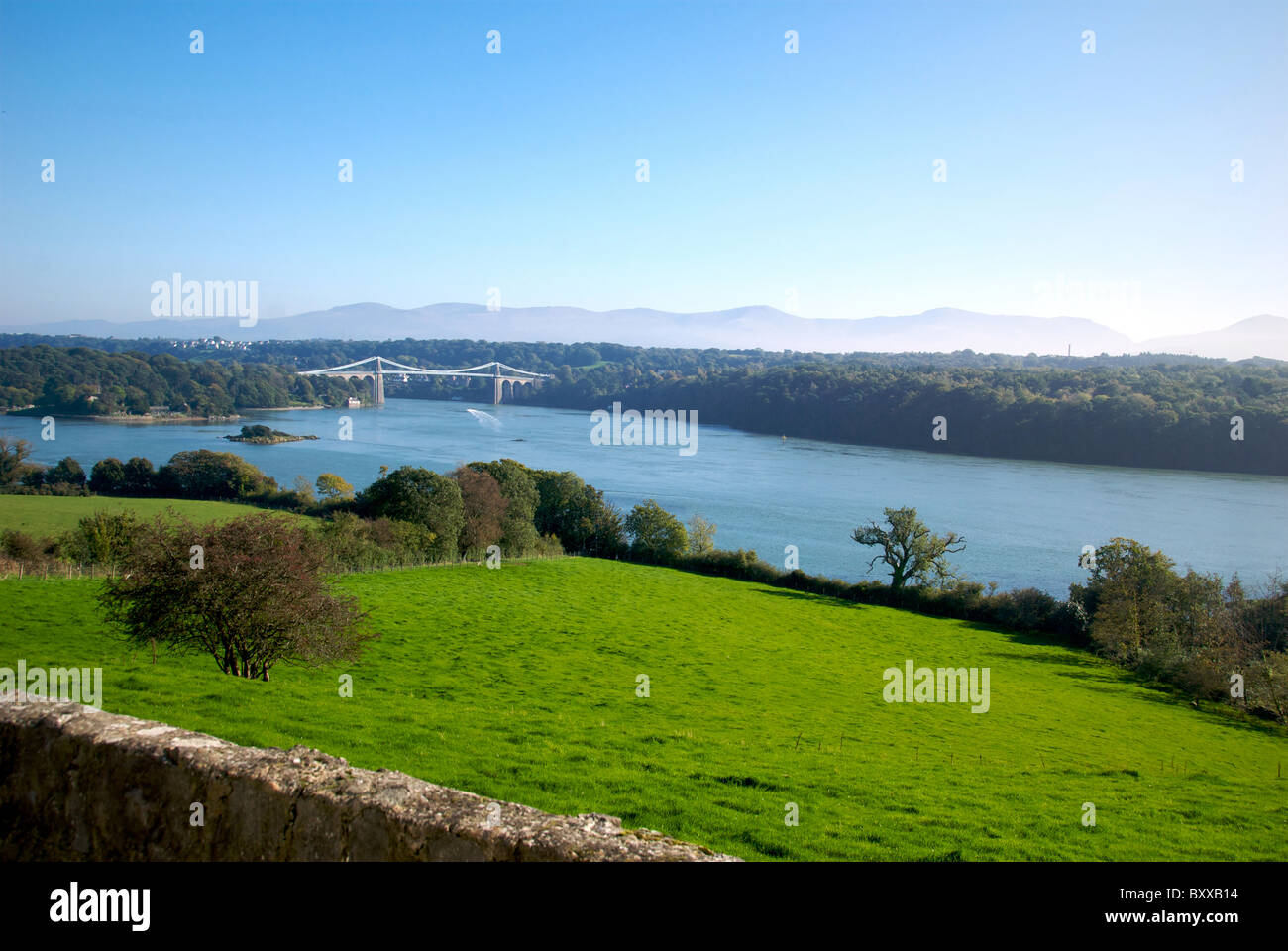 Menai Bridge Gwynedd Anglesea Wales UK Strait Porthaethwy Bangor A5 ...