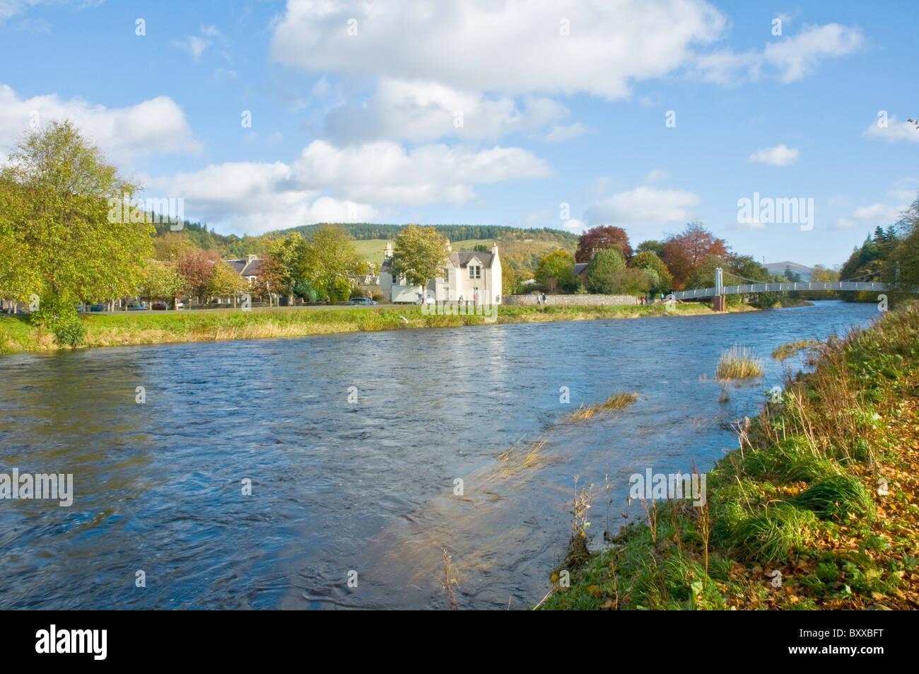 Autumn colours beside River Tweed Peebles Scottish Borders Scotland ...