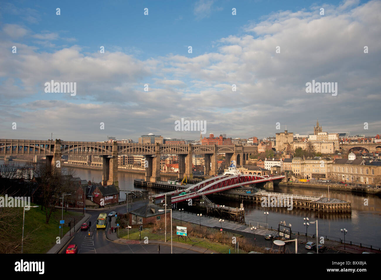 Newcastle-upon-Tyne with Swing Bridge and High Level Bridge Stock Photo ...