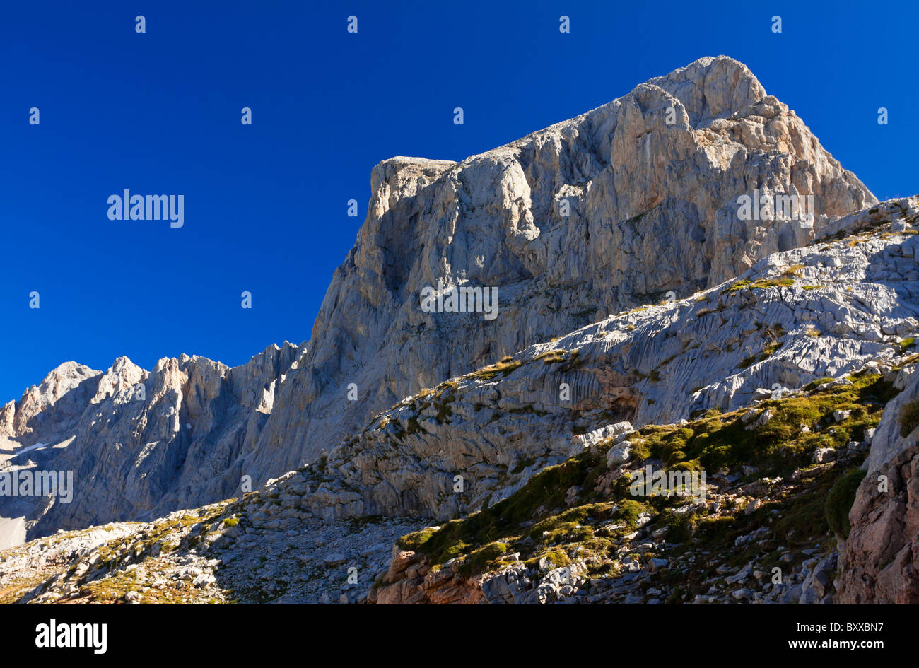 Limestone mountains at Fuente De in the Picos de Europa National Park ...
