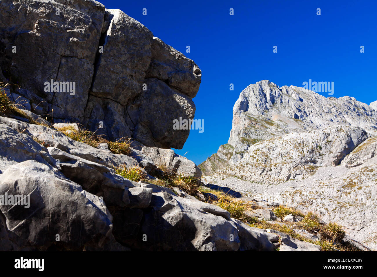 Limestone mountains at Fuente De in the Picos de Europa National Park ...