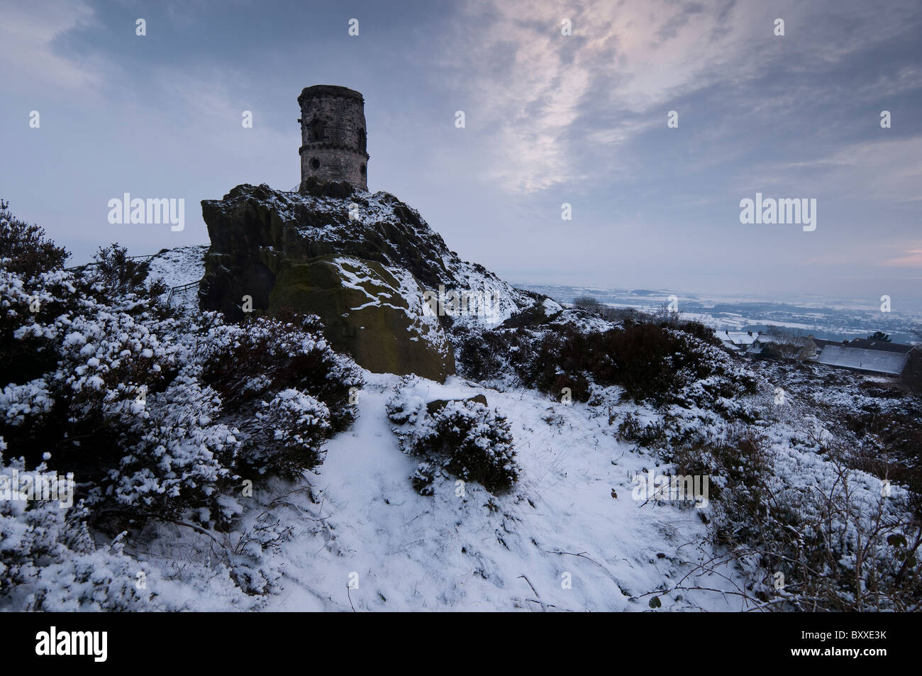 Winter evening at the folly of Mow Cop on the Staffordshire / Cheshire ...