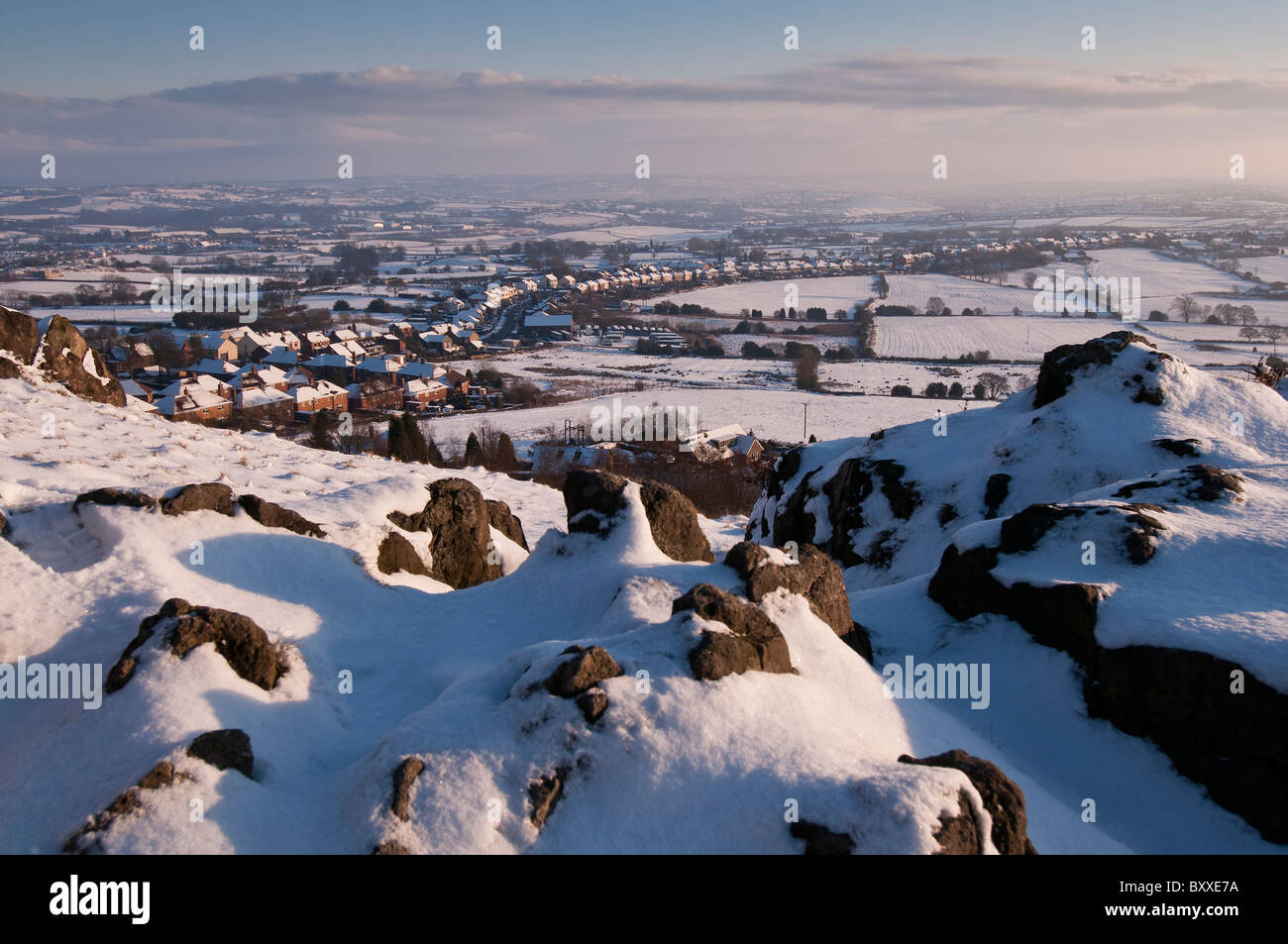 Winters afternoon, looking over North Staffordshire from Mow Cop summit ...