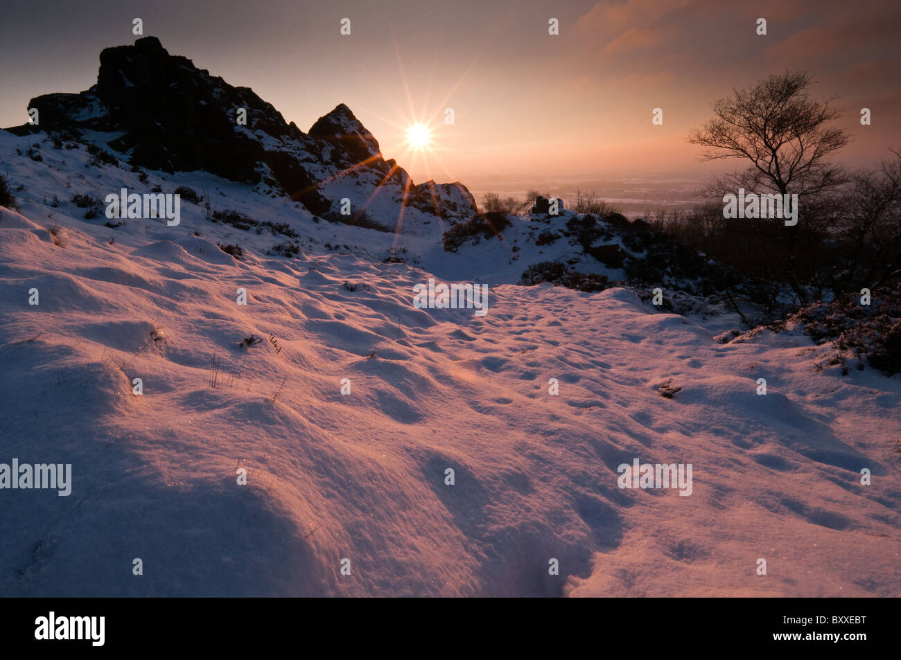 Rock formation at sundown, Winter at Mow Cop on the Staffordshire ...