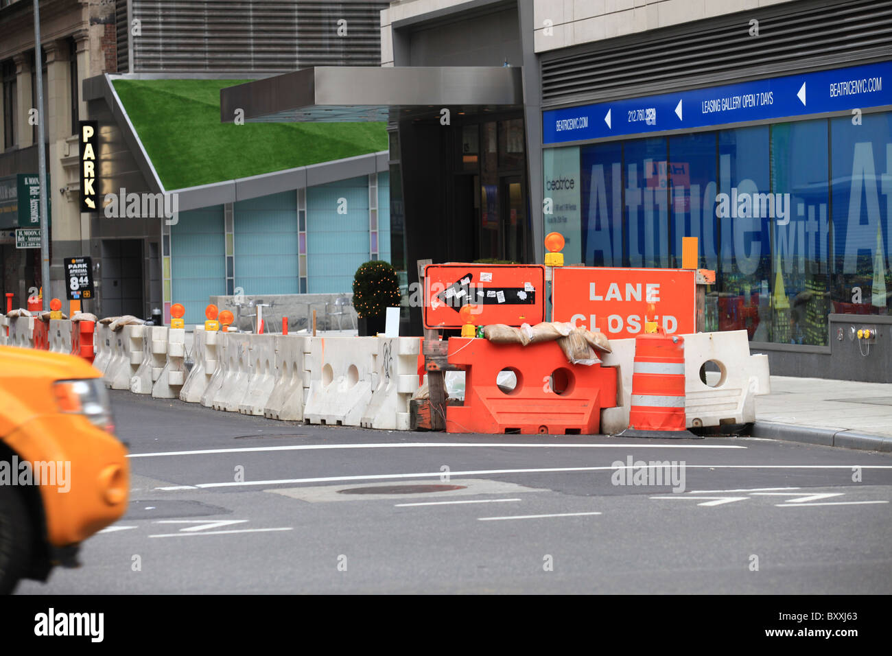 Lane closed barricade at construction site in New York city street 2010 ...