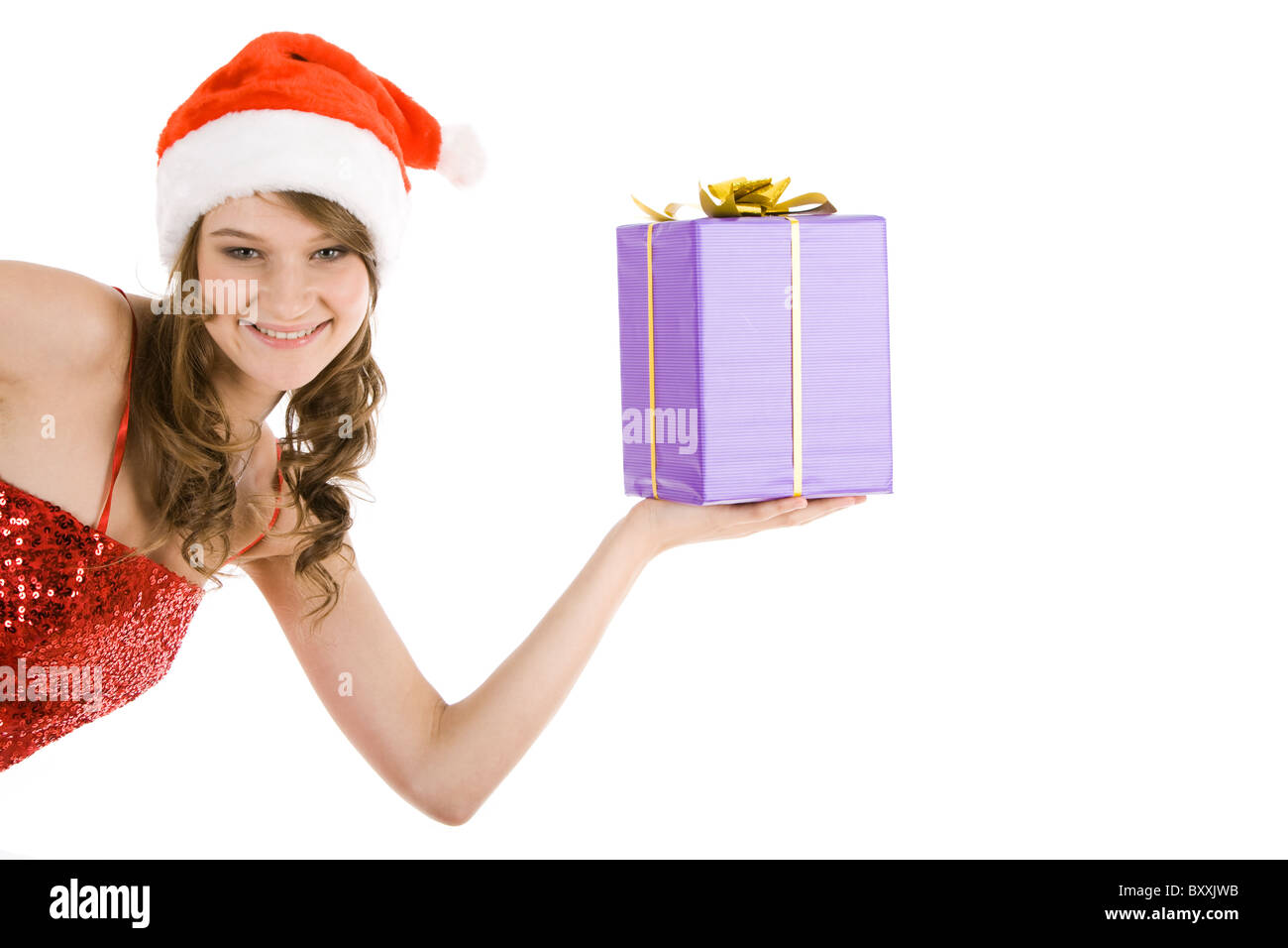 Portrait of happy woman holding box on white background Stock Photo - Alamy