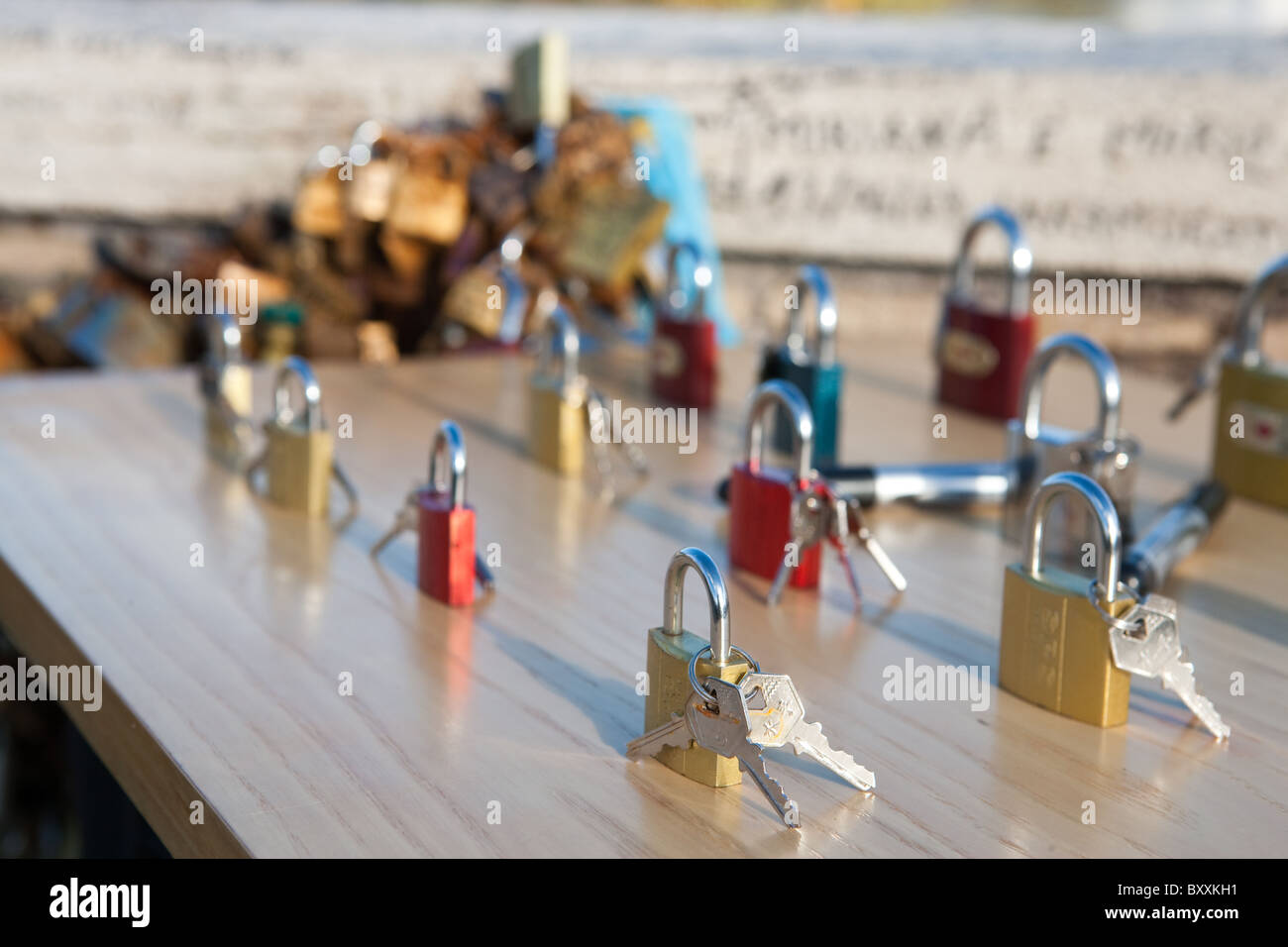 first love lock locks on sale on the Milvio bridge Rome Italy young ...