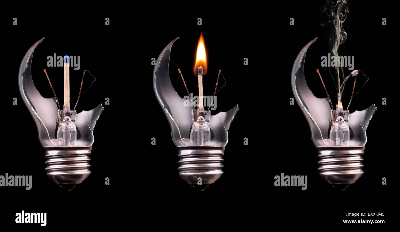 A broken lightbulb with a match inside Stock Photo - Alamy