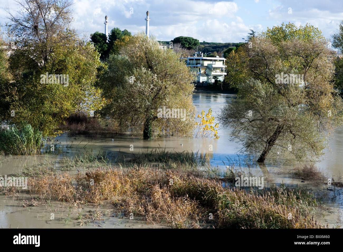 Tiber river full high water in Ponte Milvio bridge raining Rome Italy ...