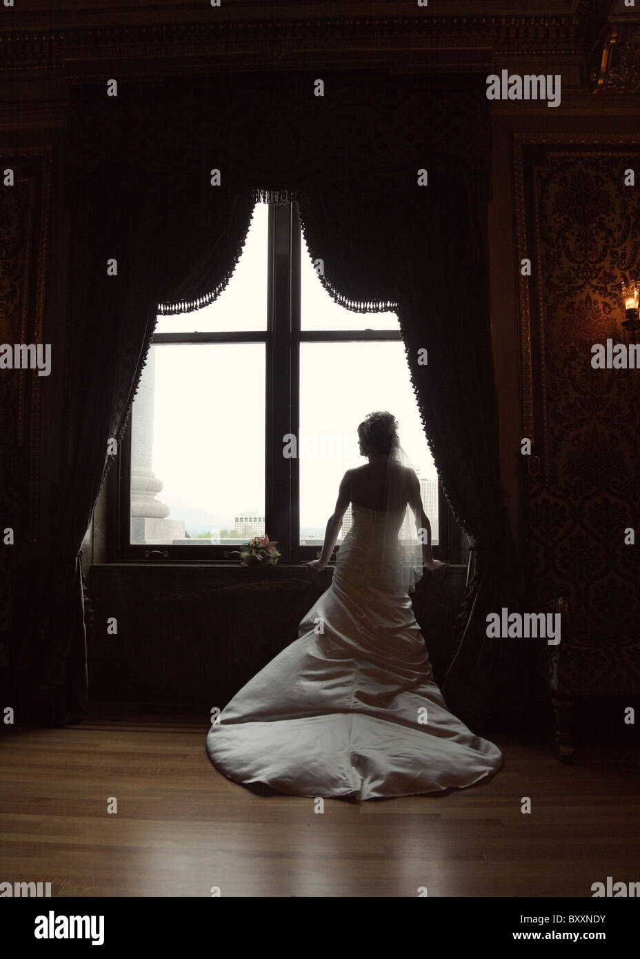 silhouette of dramatic bride standing at large windows Stock Photo - Alamy