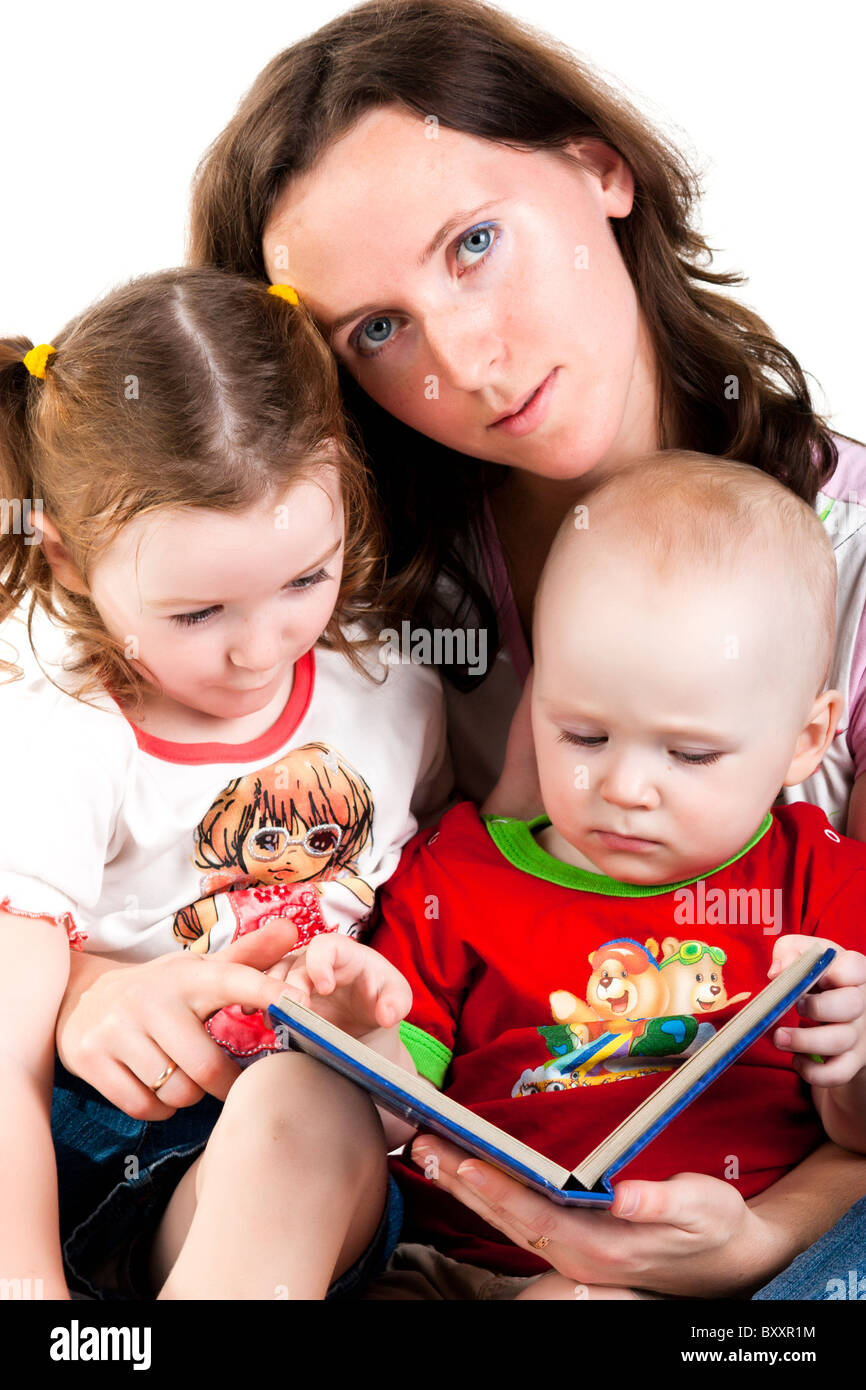 Mother reading to her children isolated on white Stock Photo - Alamy