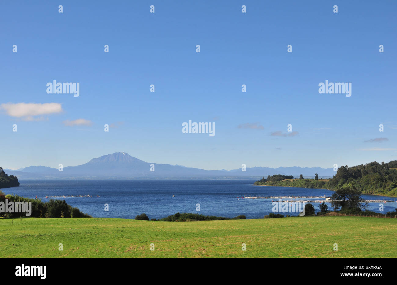 Fish farm salmon cages red marker buoys floating lake water hi-res ...