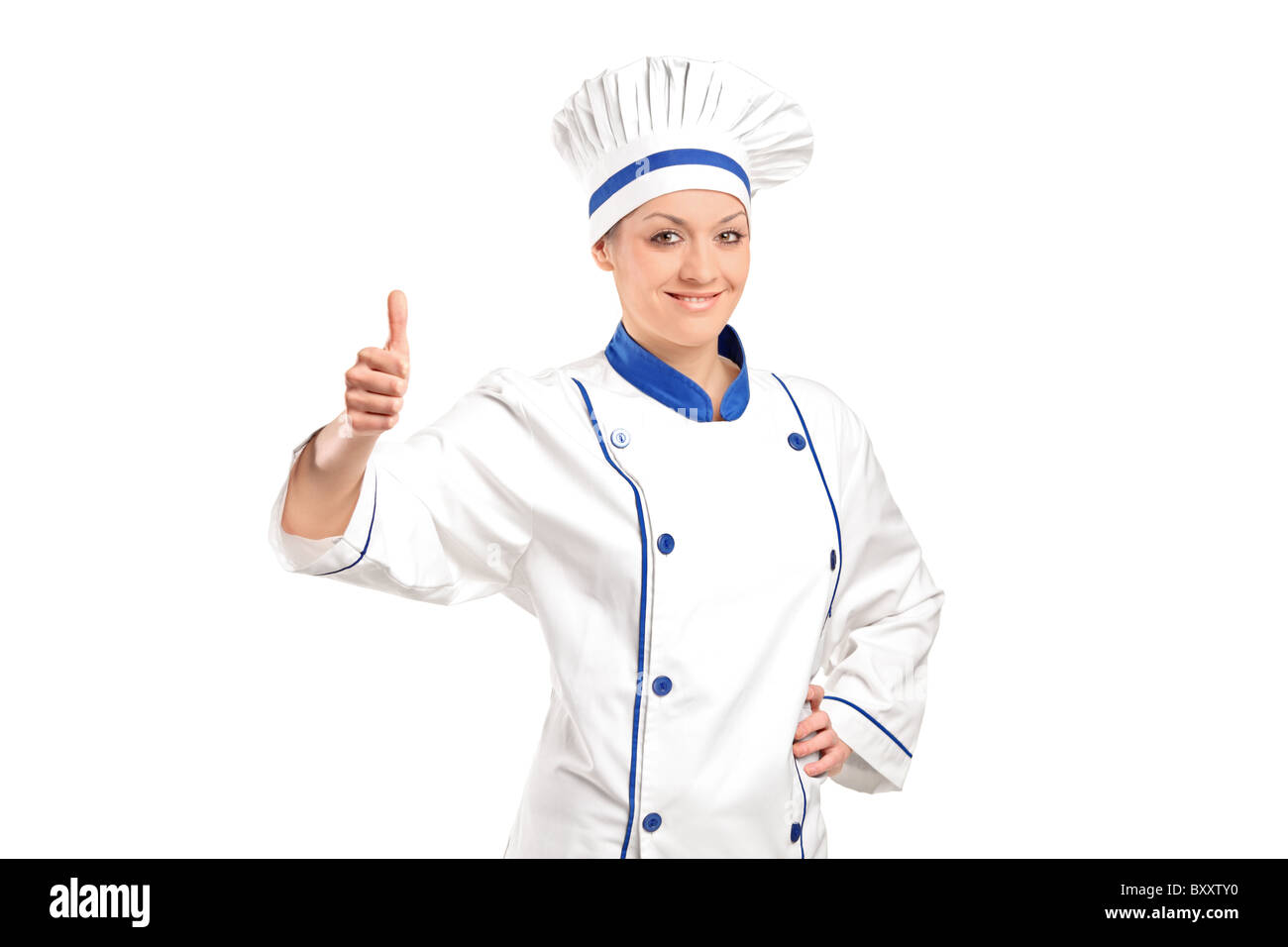 A view of a smiling baker giving thumb up Stock Photo - Alamy