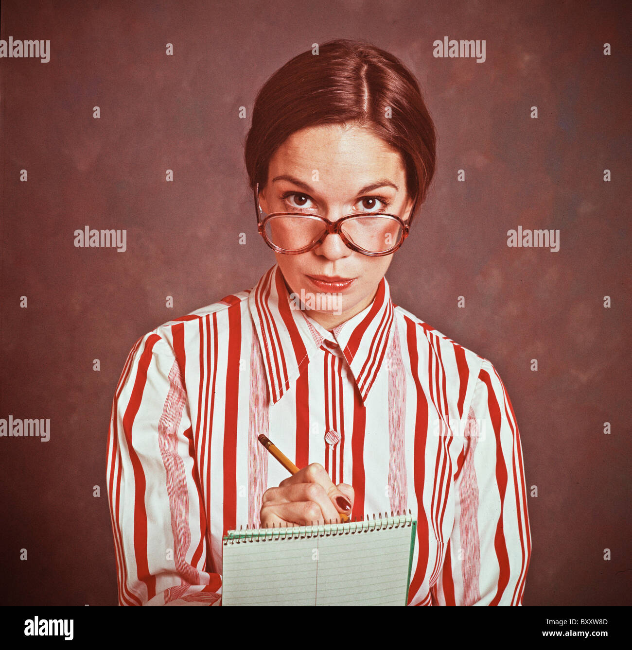 Secretary, woman, female, striped colorful blouse. Stenographer glasses ...