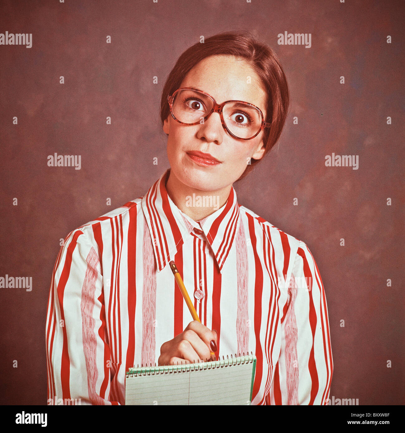 Secretary, woman, female, striped colorful blouse. Stenographer glasses ...