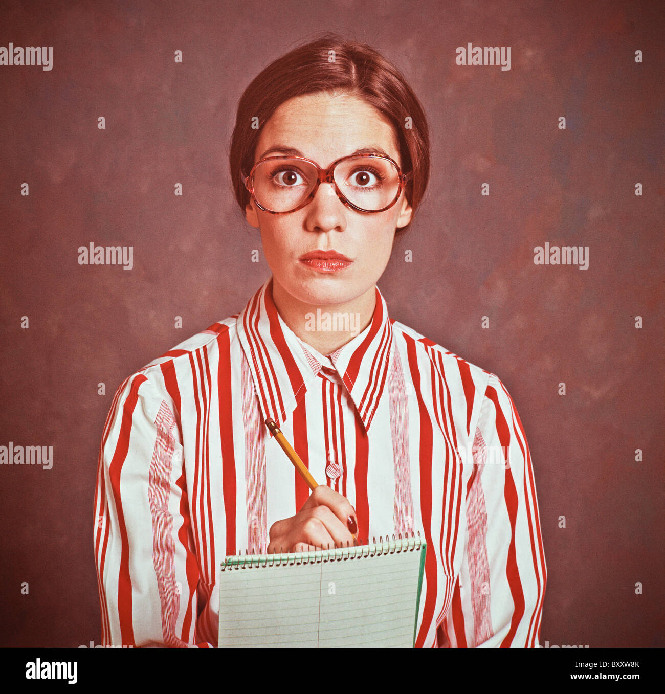 Secretary, woman, female, striped colorful blouse. Stenographer glasses ...