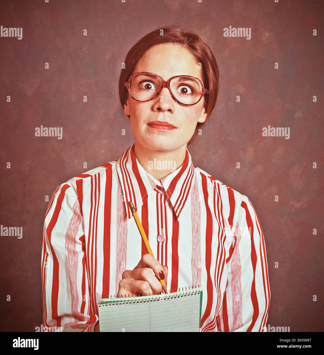 Secretary, woman, female, striped colorful blouse. Stenographer glasses ...