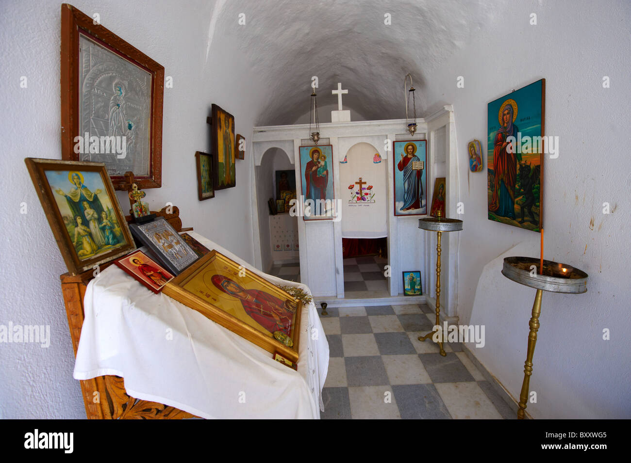 Interior of Greek Orthodox Chapel with Icons - Naxos Cyclades Islands ...
