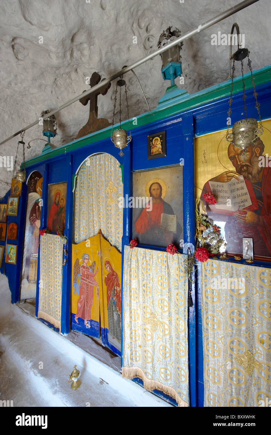Interior of the Hill top Orthodox cave church above Naxos Thira, Naxos ...
